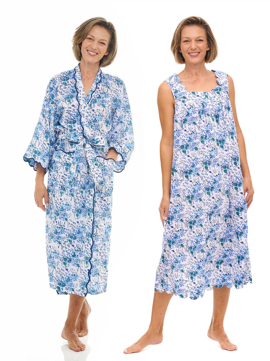 Blue Floral Bundle: Kimono Robe + Gathered Nightgown – Heidi Carey